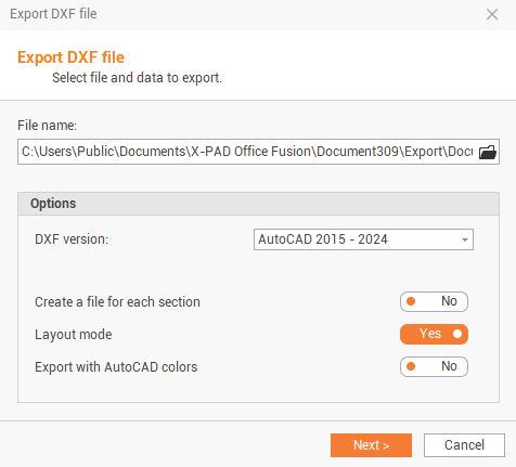 Export drawing in DWG/DXF format for AutoCAD